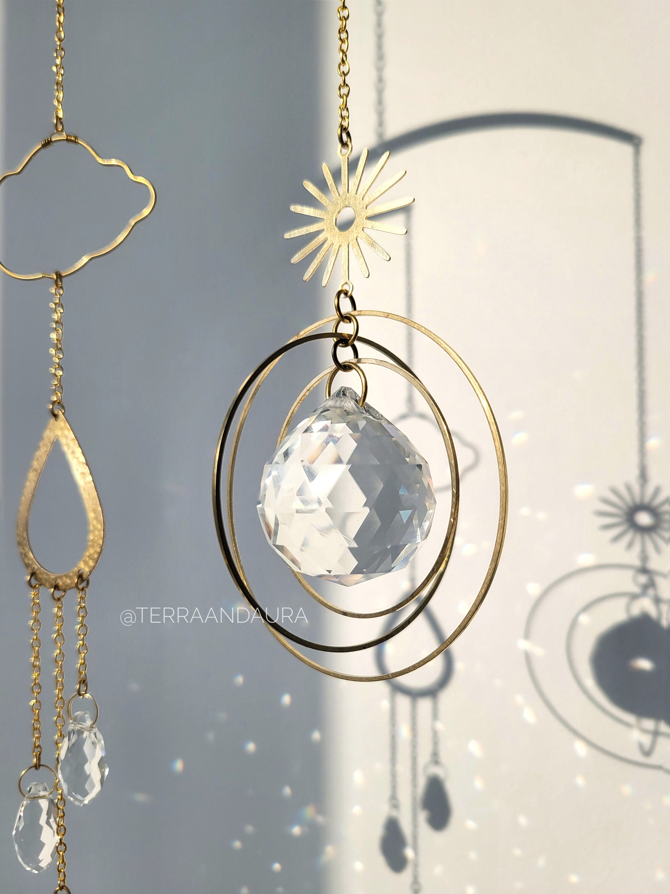 KOSMOS Brass Kinetic Mobile Rain Cloud, Sun + Rainbow Suncatcher, Gold ...