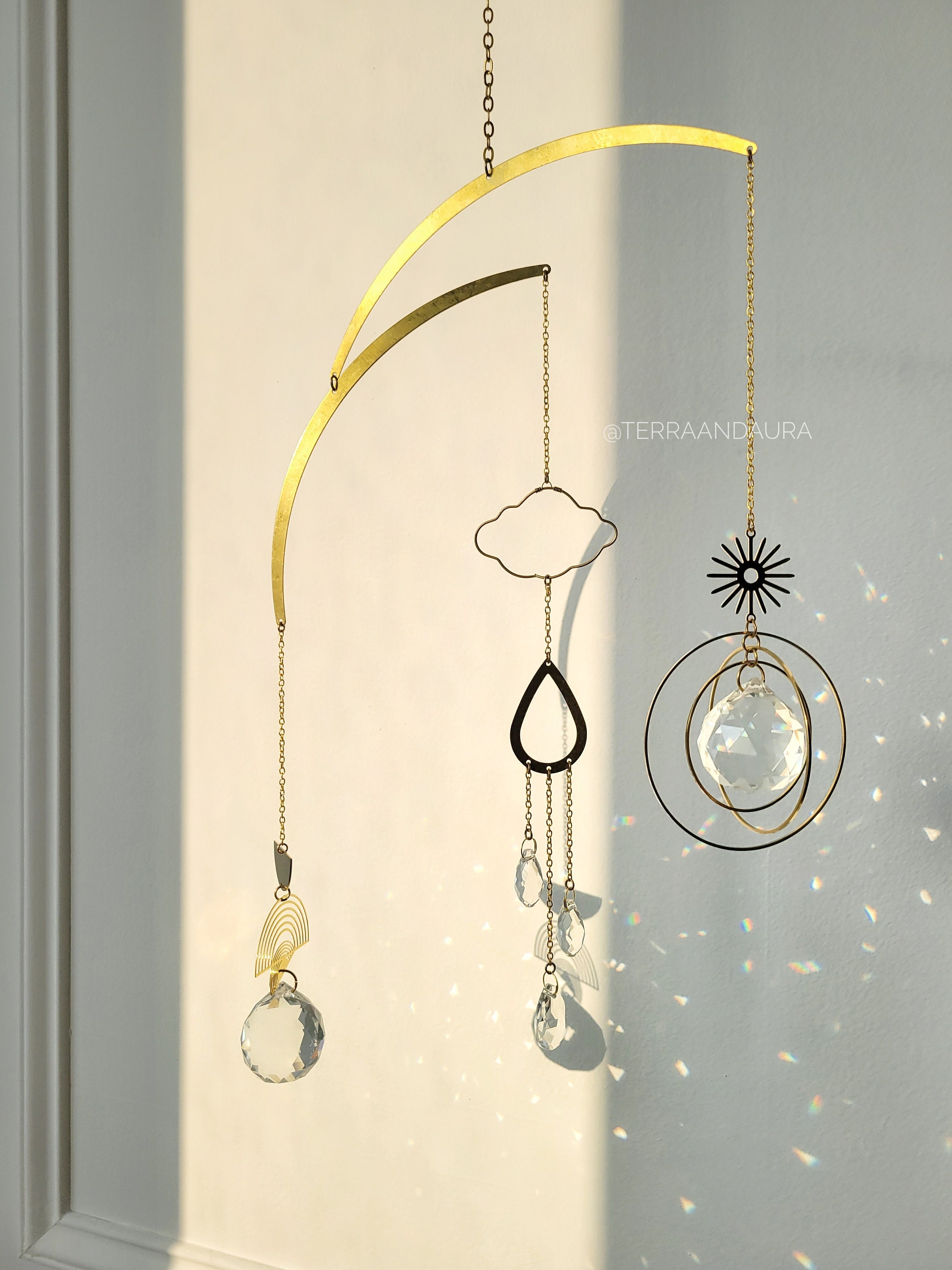 KOSMOS Brass Kinetic Mobile Rain Cloud, Sun + Rainbow Suncatcher, Gold ...