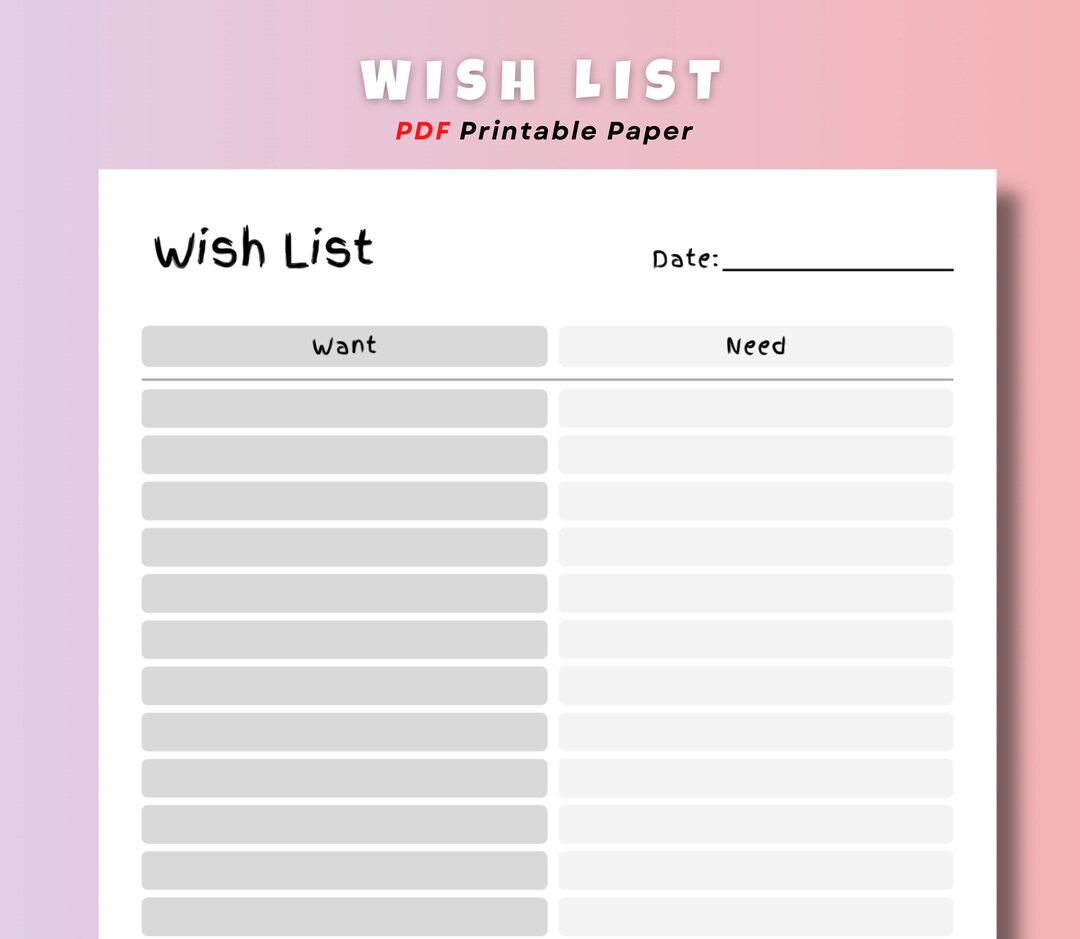 Printable Wish List, Bucket List, Shopping List, Downloadable, Things ...