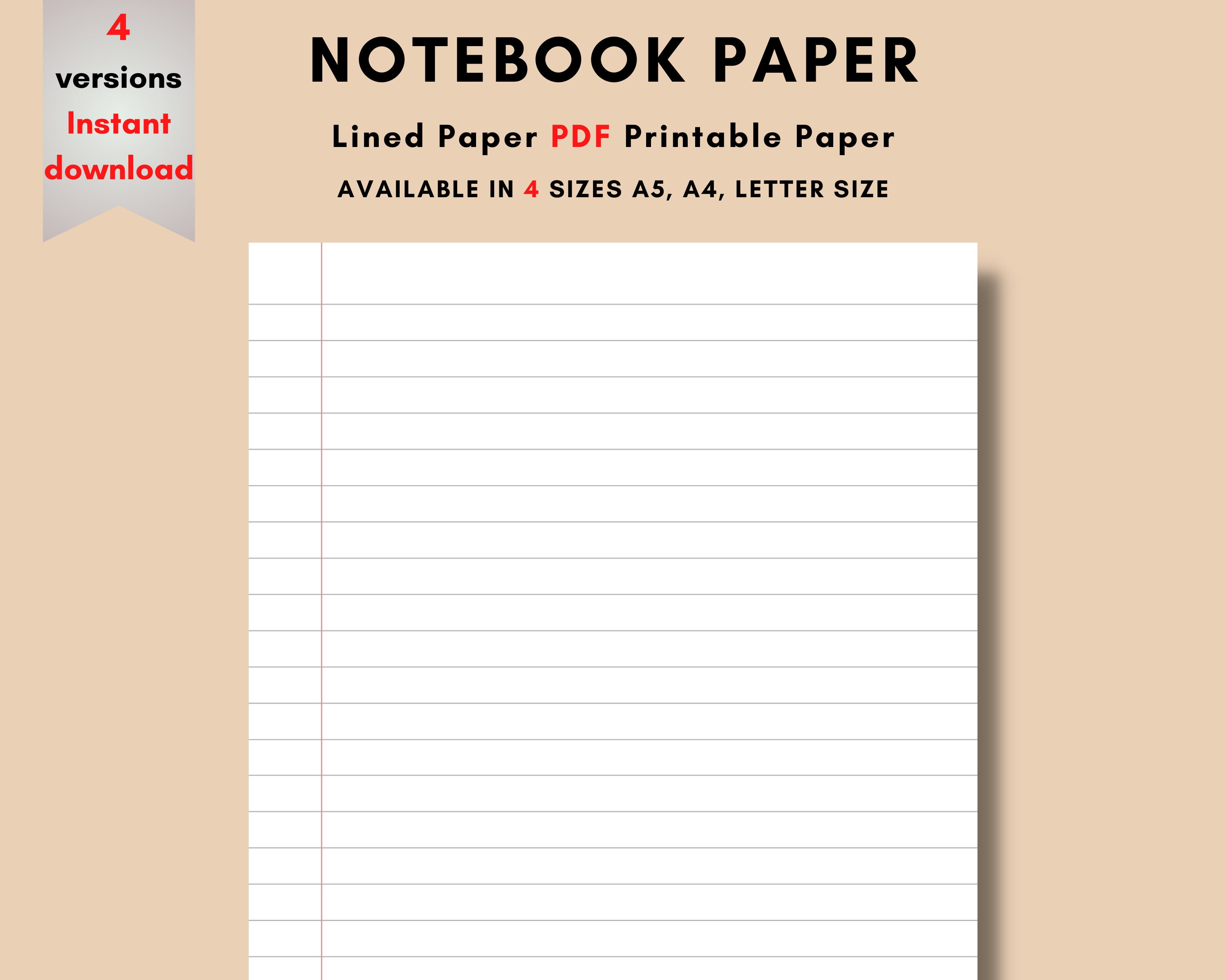 Notebook Paper Digital Download School Paper Lined Paper PDF Printable ...