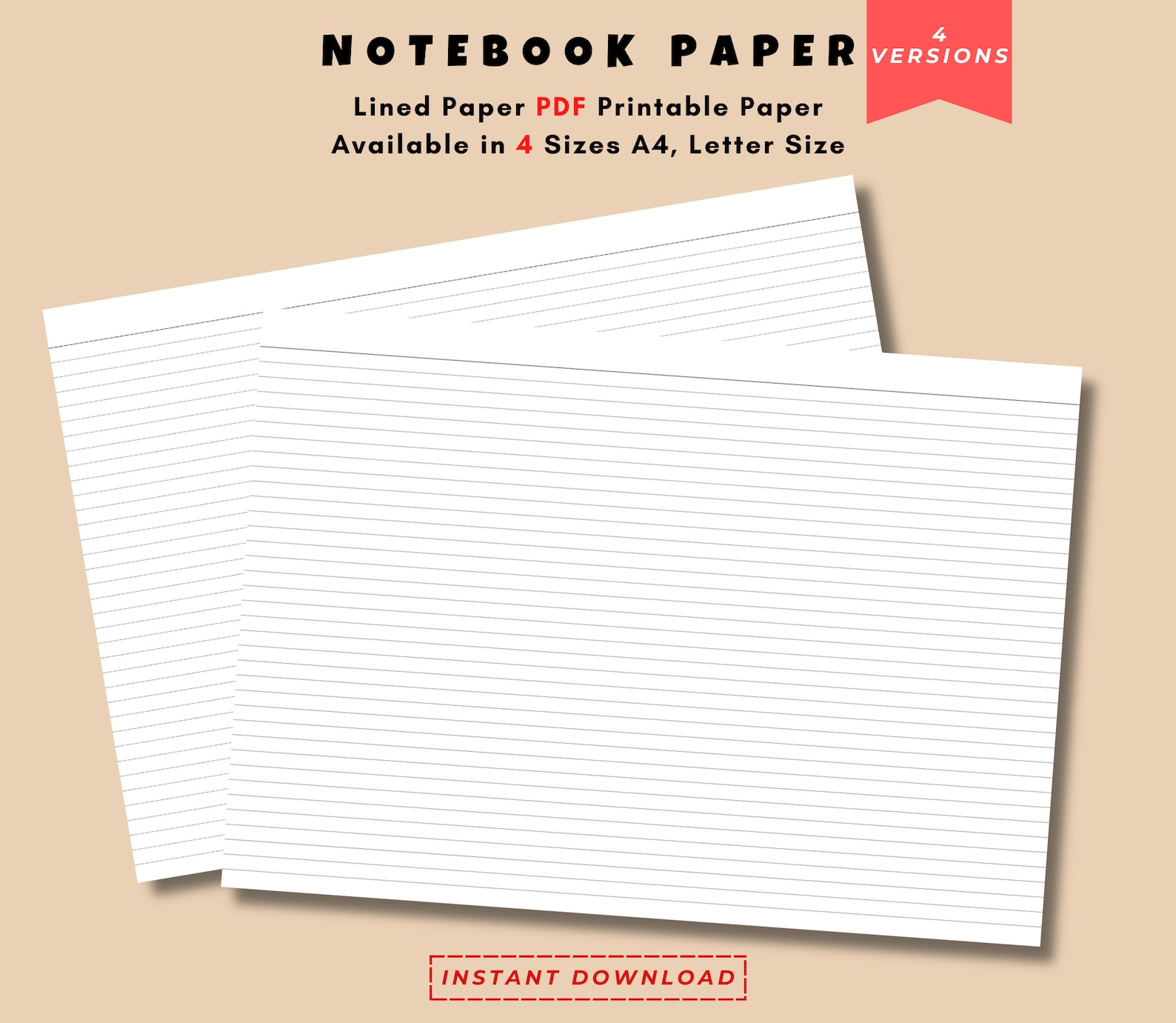 Horizontal Notebook Paper Digital Download, School Paper, Lined Paper ...