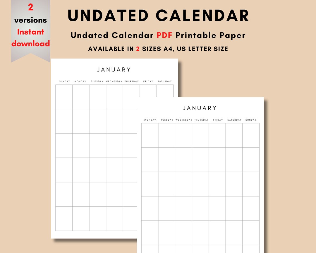 Printable Undated Monthly Calendar, Monday Start & Sunday Start, Wall ...