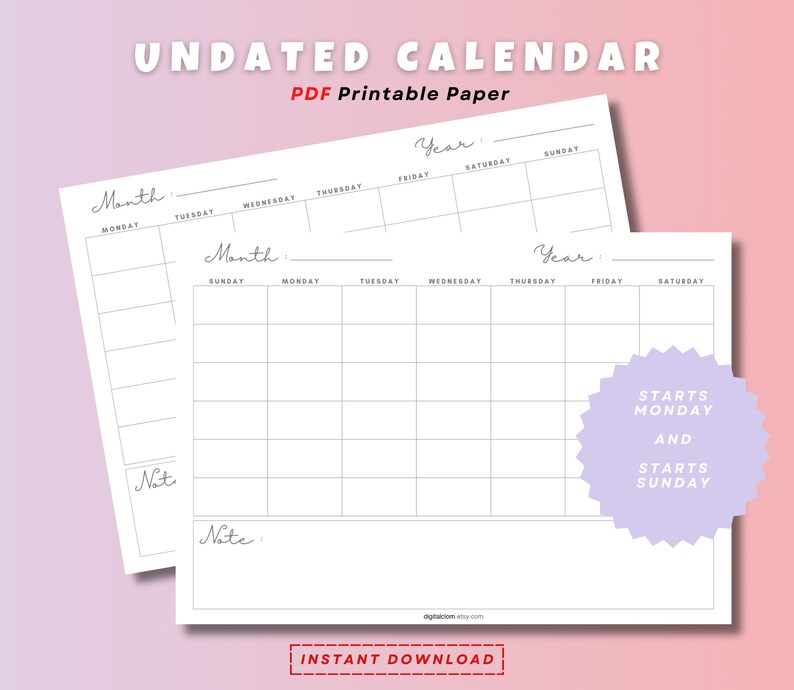 Printable Undated Monthly Calendar: Horizontal Planner (A4, US Letter ...