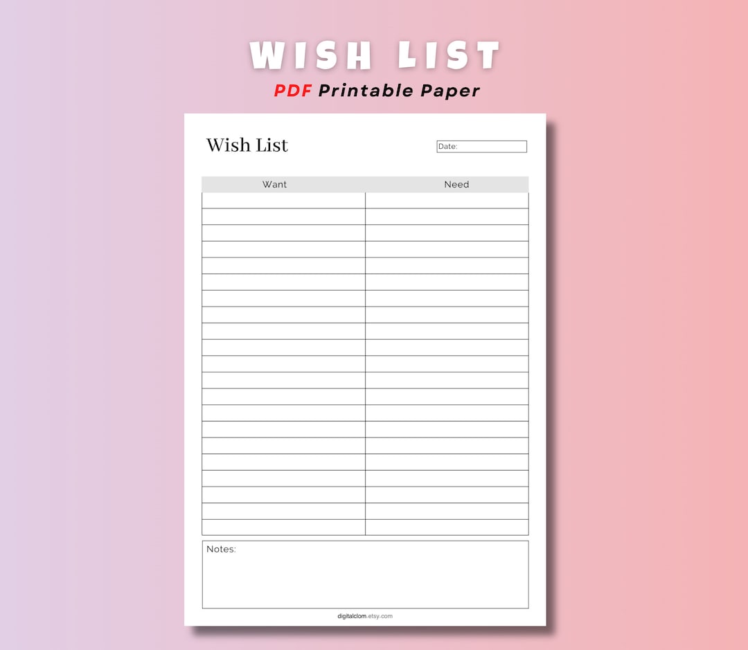 Printable Wish List, Bucket List, Shopping List, Downloadable, Things ...