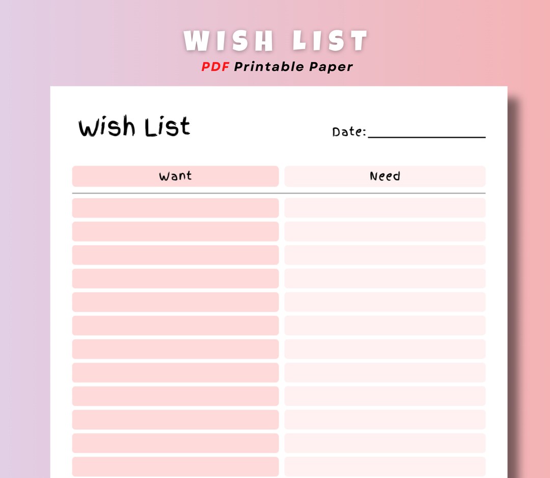Printable Wish List, Bucket List, Shopping List, Downloadable, Things ...