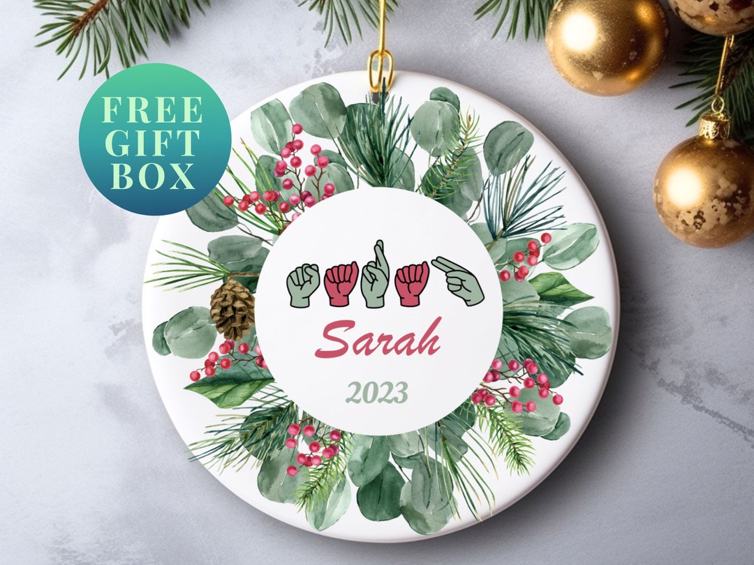 ASL Christmas Flower Wreath Ornament, Sign Language Name Ornament, ASL ...