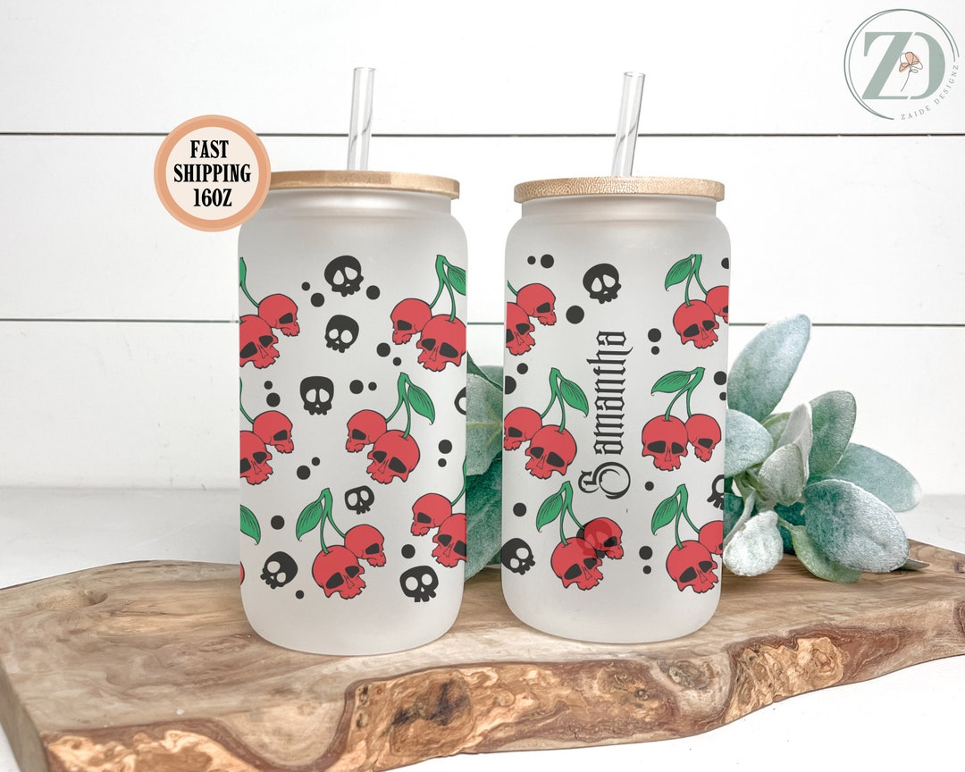 Cherry Skull Glass Cup, Personalized Skull Cherries Glass Tumbler ...
