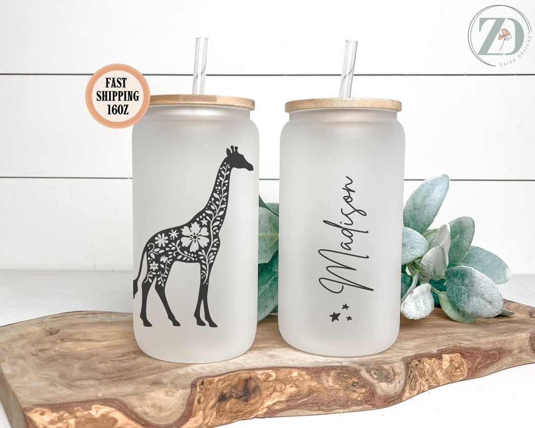 Giraffe Glass Cup, Personalized Giraffe Tumbler, Giraffe Print Cup ...