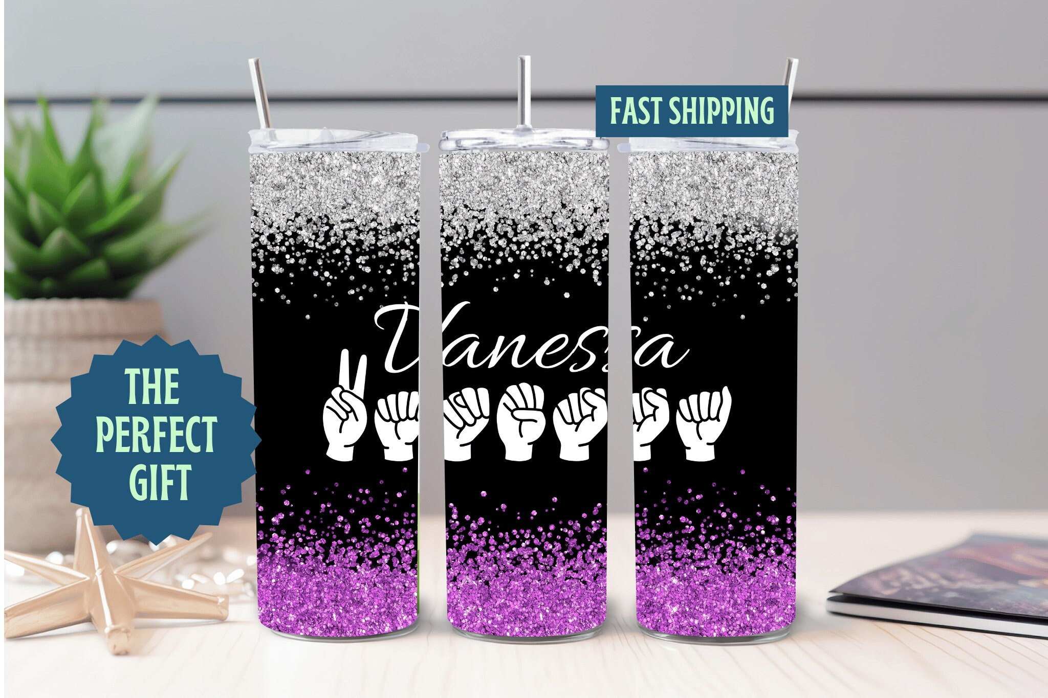 ASL Silver, Black & Pink Glitter design Personalized 20 Oz Skinny ...