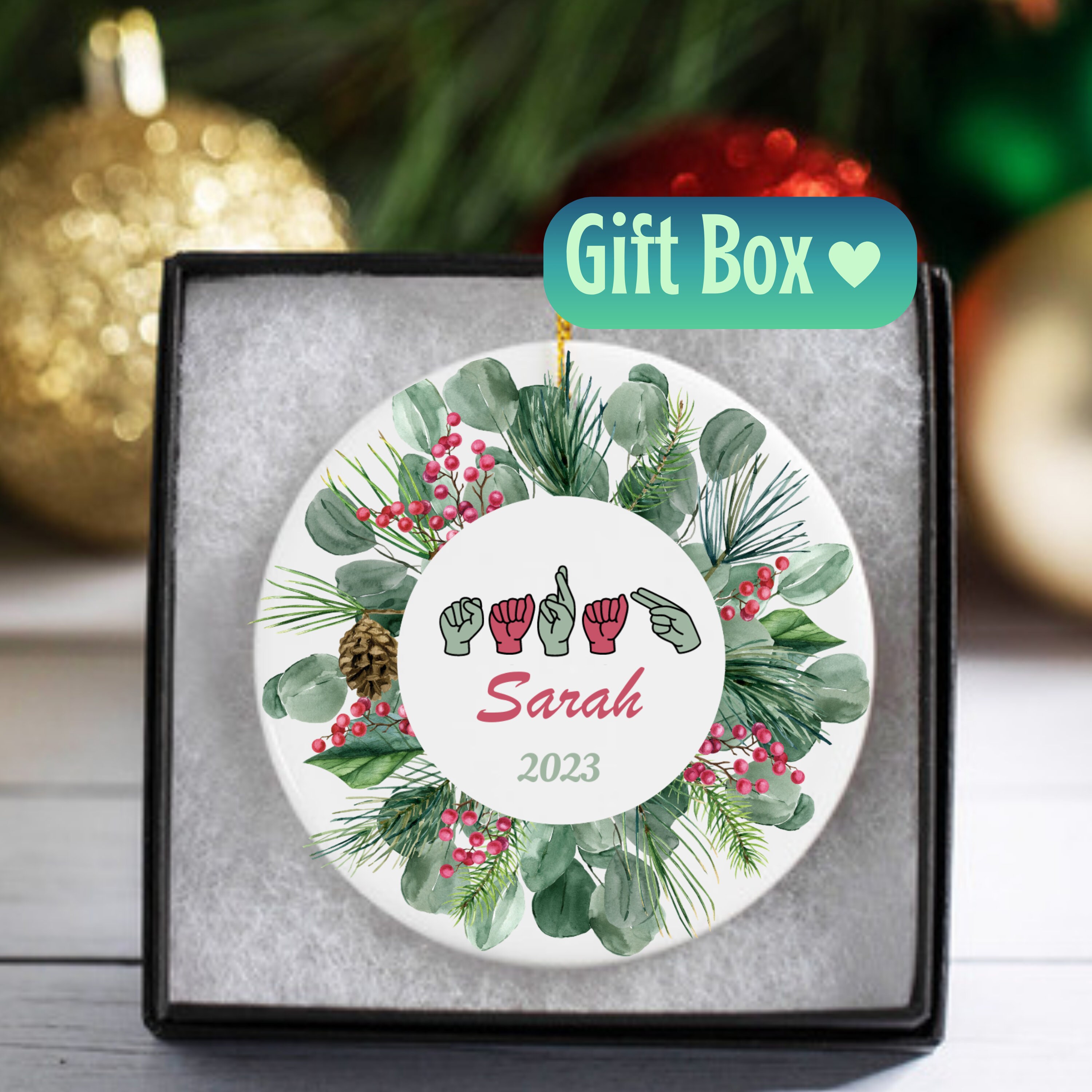 ASL Christmas Flower Wreath Ornament, Sign Language Name Ornament, ASL ...
