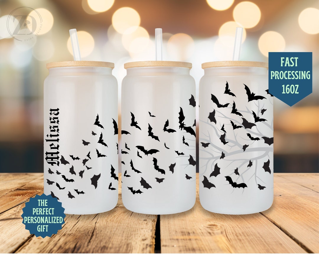 Custom Bat Frosted Cup, Personalized Bat Glass Cup, Halloween Drinkware ...