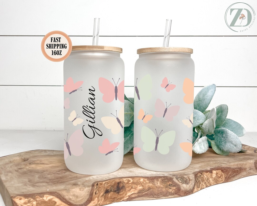 Custom Butterfly Glass Cup, Pastel Butterfly Glass Can, Butterflies ...