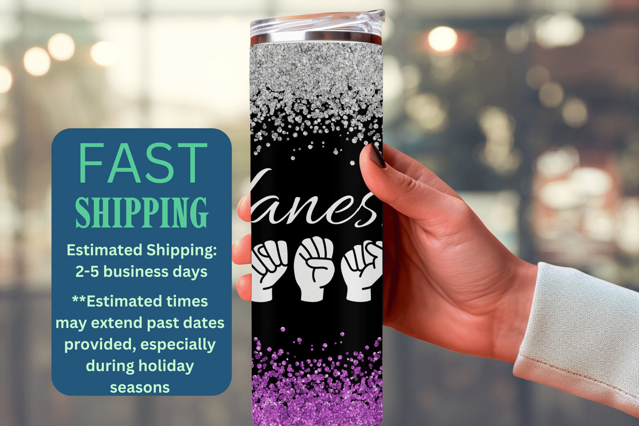 ASL Silver, Black & Pink Glitter design Personalized 20 Oz Skinny ...