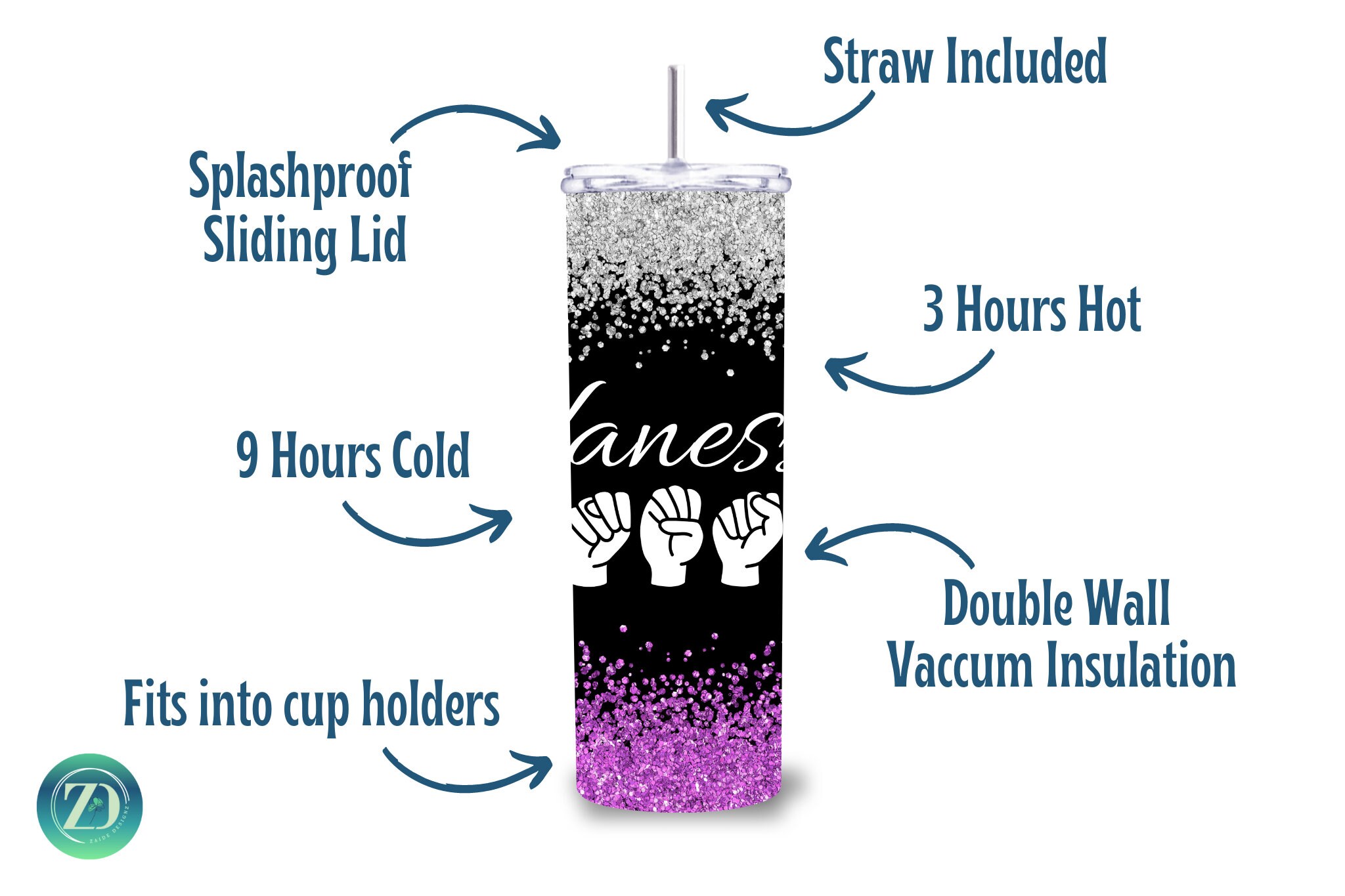 ASL Silver, Black & Pink Glitter (design) Personalized 20 Oz Skinny ...