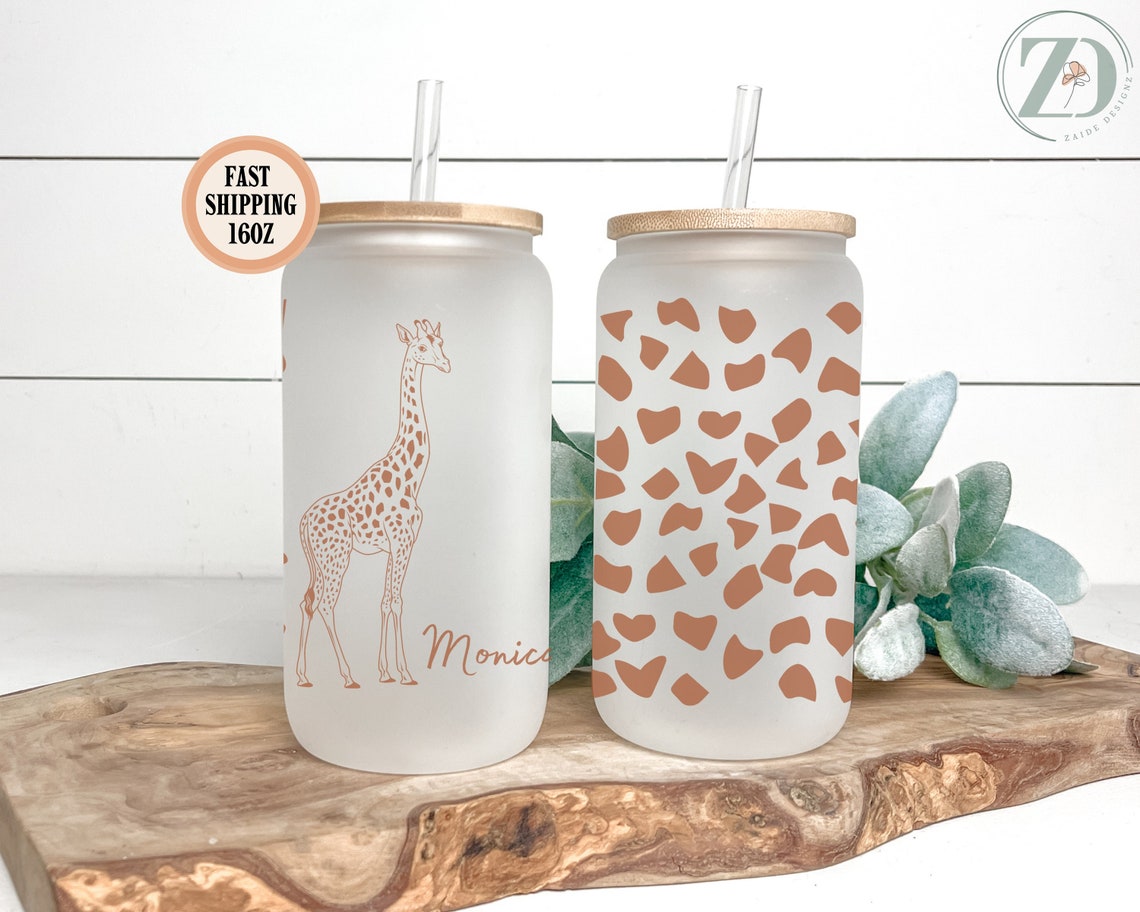 Custom Giraffe Print Glass Cup, Personalized Giraffe Print Tumbler ...