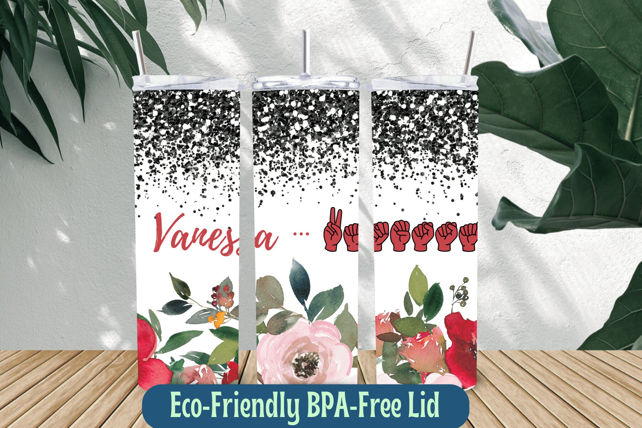 ASL Tumbler Floral Tumbler Black Glitter Rose Sign Language - Etsy