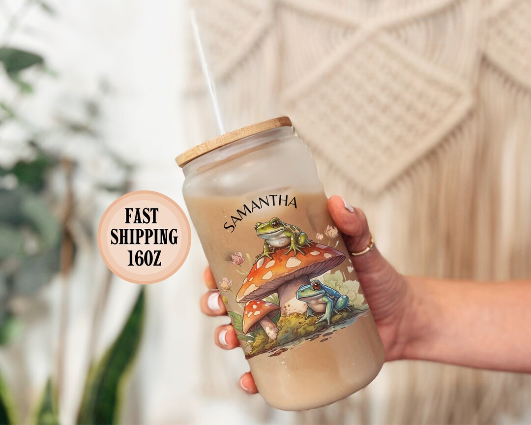 Iced Coffee Cottagecore Personalized Glass Cup, Custom Cottagecore Frog ...