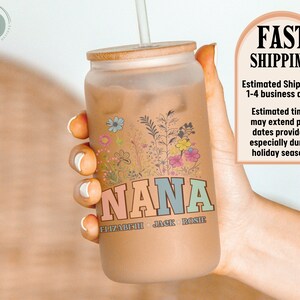 Wildflower Nana Glass Cup With Kids Names, Custom Nana Tumbler, Iced ...