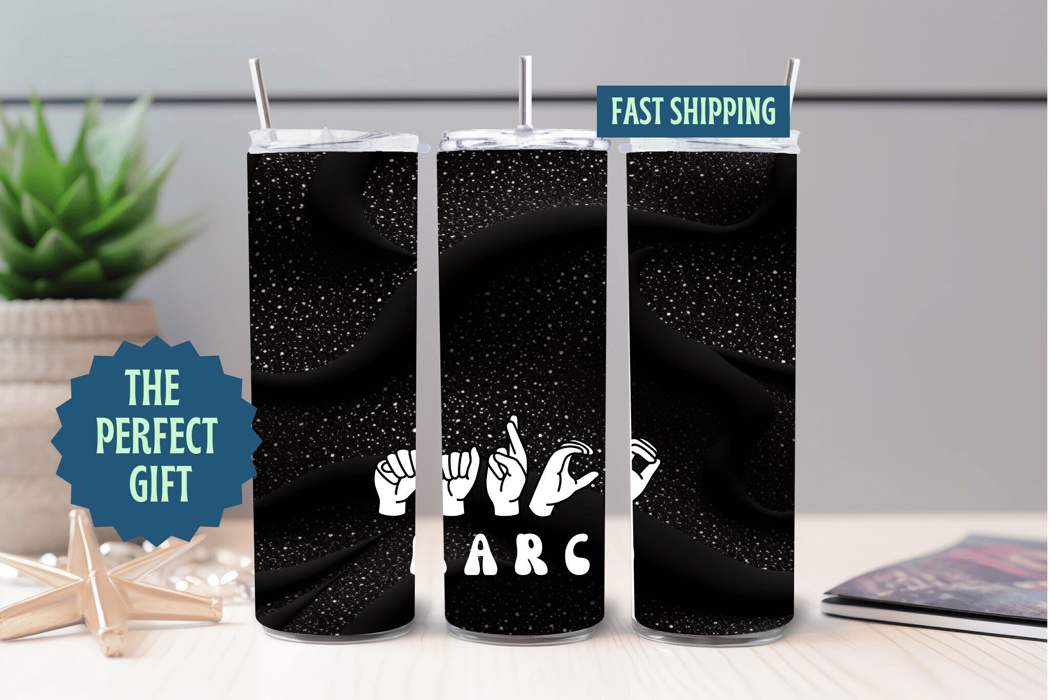 ASL Tumbler Black Glitter, Sign Language Personalized Tumbler Gift, ASL ...