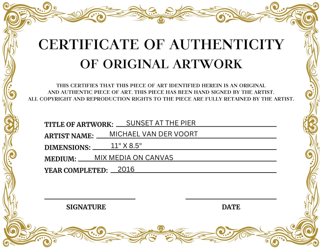 Editable Certificate of Authenticity for Artwork, Certificate of ...
