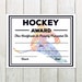 Hockey Certificate Instant Download / Hockey Awards / Hockey ...
