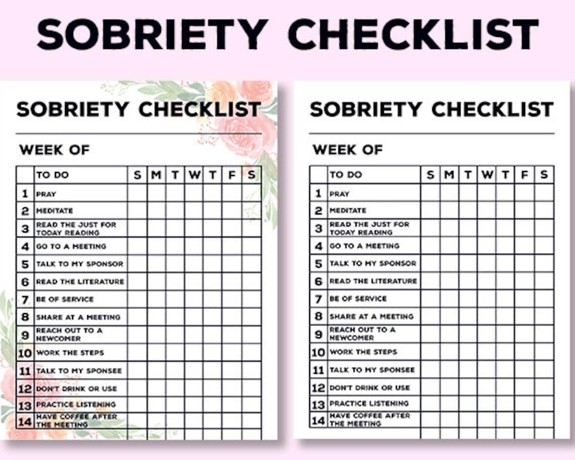 Printable Sobriety Checklist, Sober Checklist, Recovery Checklist, Addiction Checklist ...