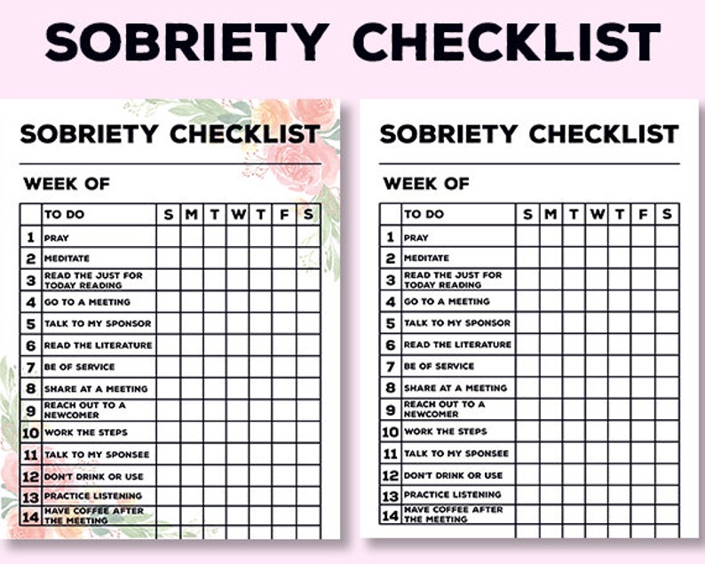 Printable Sobriety Checklist, Sober Checklist, Recovery Checklist ...