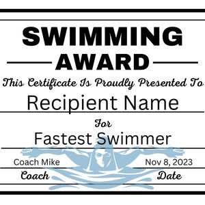 Editable Swimming Certificate Template, Printable Swimming Award ...