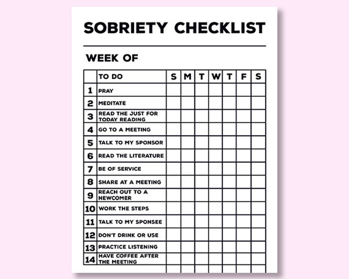 Printable Sobriety Checklist, Sober Checklist, Recovery Checklist ...