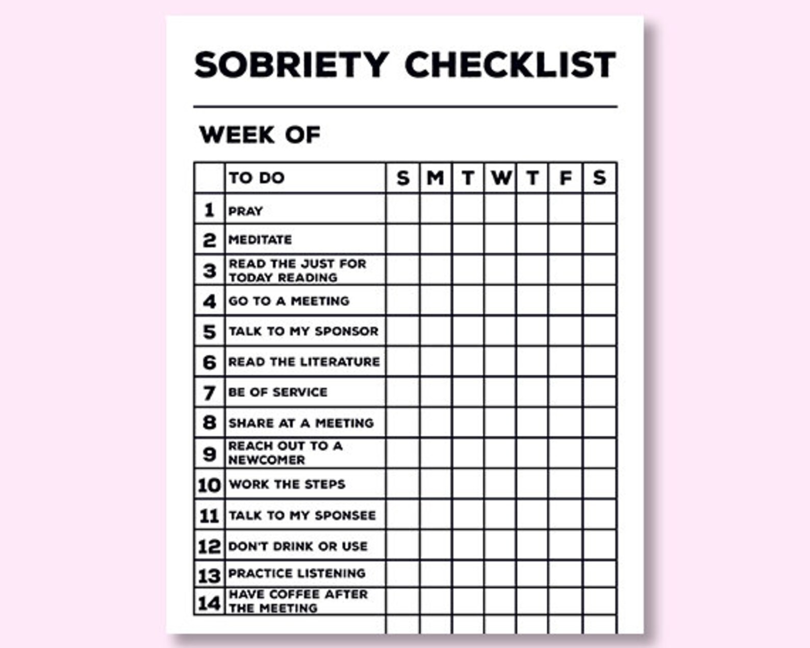 Printable Sobriety Checklist, Sober Checklist, Recovery Checklist ...
