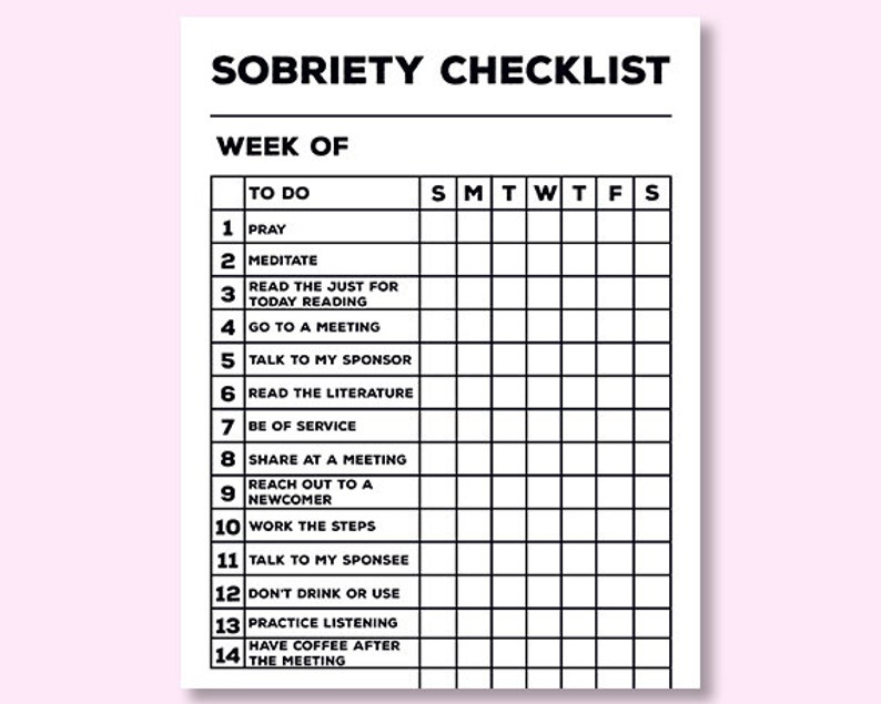 Printable Sobriety Checklist, Sober Checklist, Recovery Checklist ...