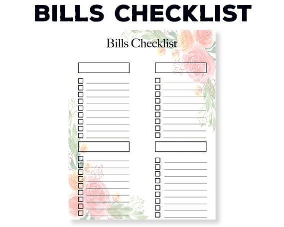 Bills Checklist Printable Checklist Bill Tracker Bill | Etsy