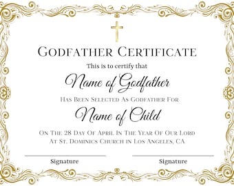 Godparents Certificate Template 11x8.5 Baptism Certificate - Etsy