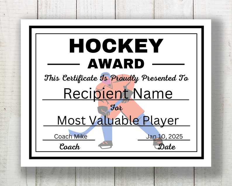 Editable Hockey Cetificate Template, Printable Hockey Award, Hockey ...