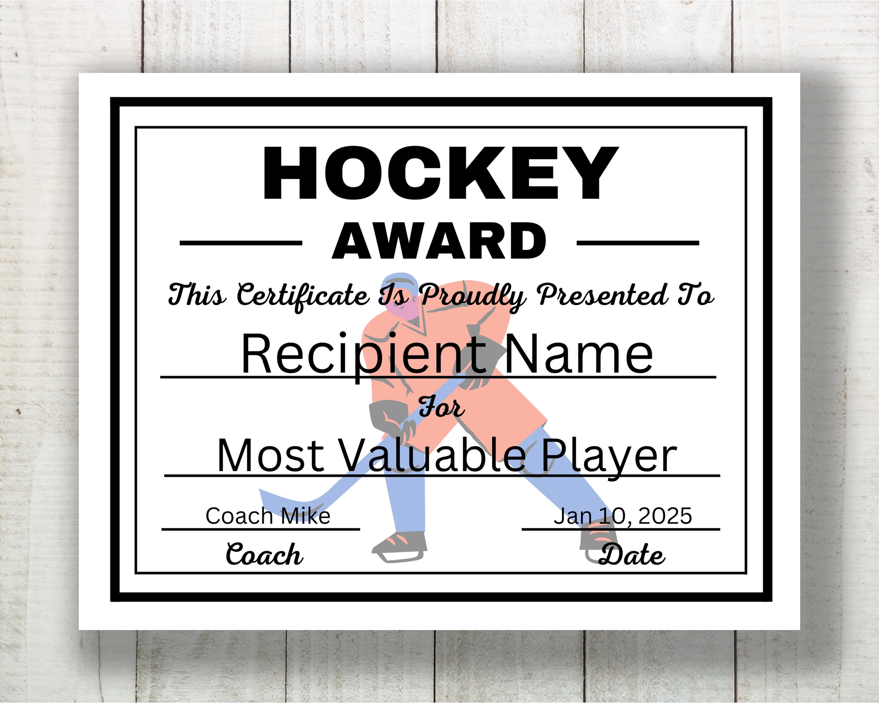 Editable Hockey Cetificate Template, Printable Hockey Award, Hockey ...