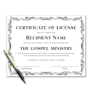 Certificate of License Template, Editable License to Preach Certificate ...