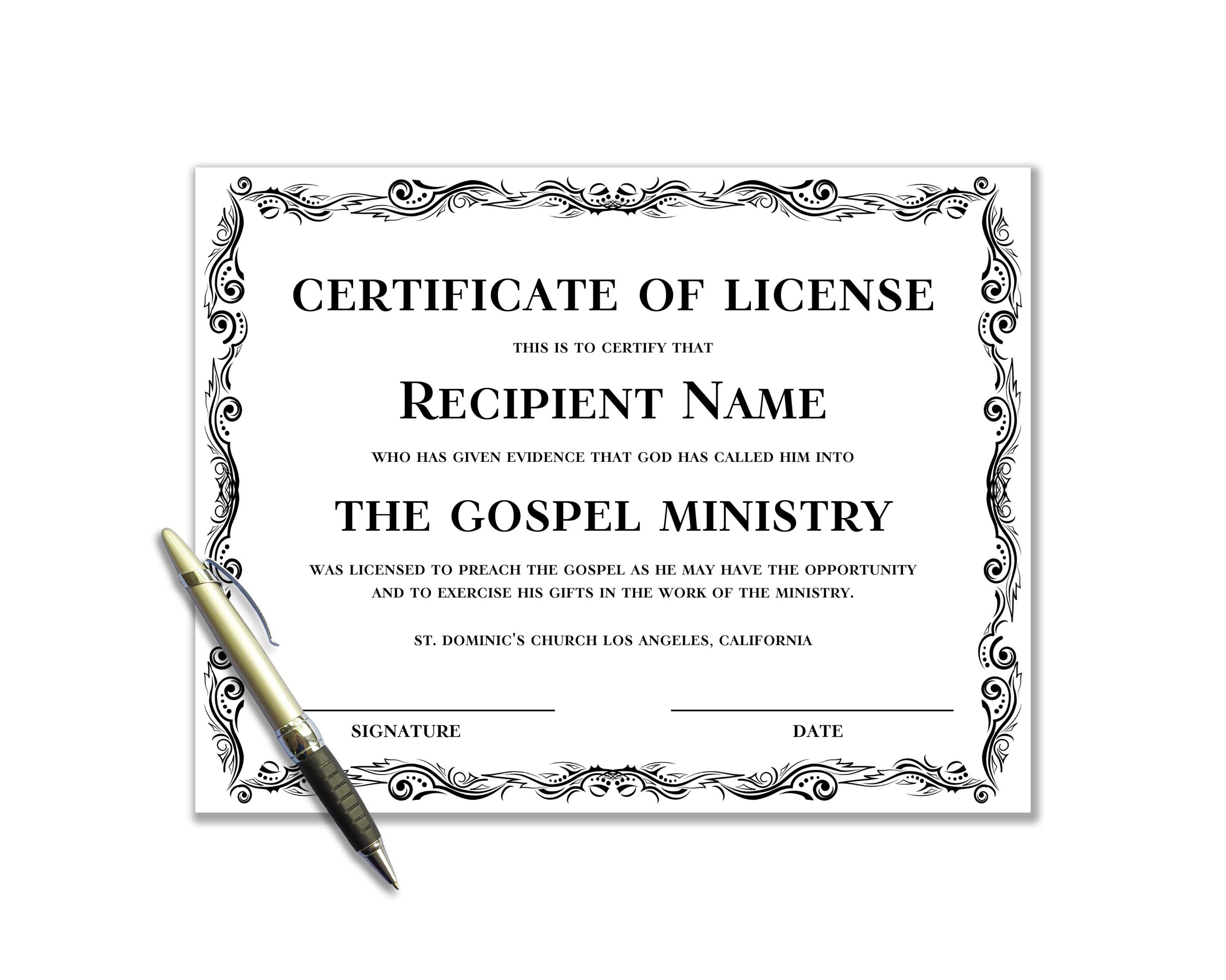 Certificate of License Template, Editable License to Preach Certificate ...