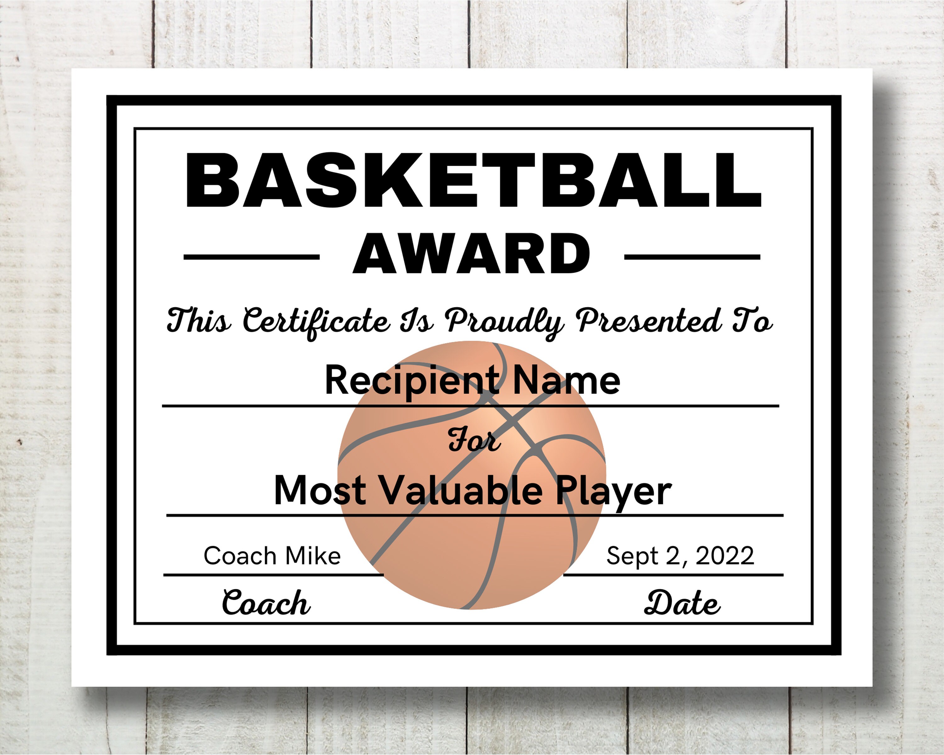 Basketball Award Certificate Template, Printabel Basketball Certificate ...