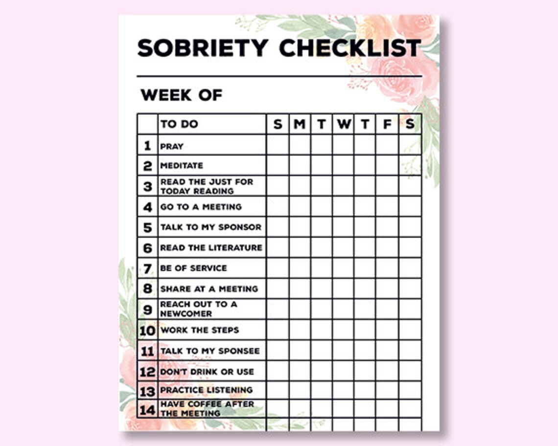 Printable Sobriety Checklist, Sober Checklist, Recovery Checklist ...