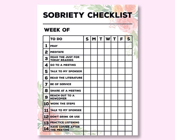 Printable Sobriety Checklist, Sober Checklist, Recovery Checklist ...