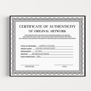 Certificate of Authenticity for Artwork, Certificate of Authenticity ...