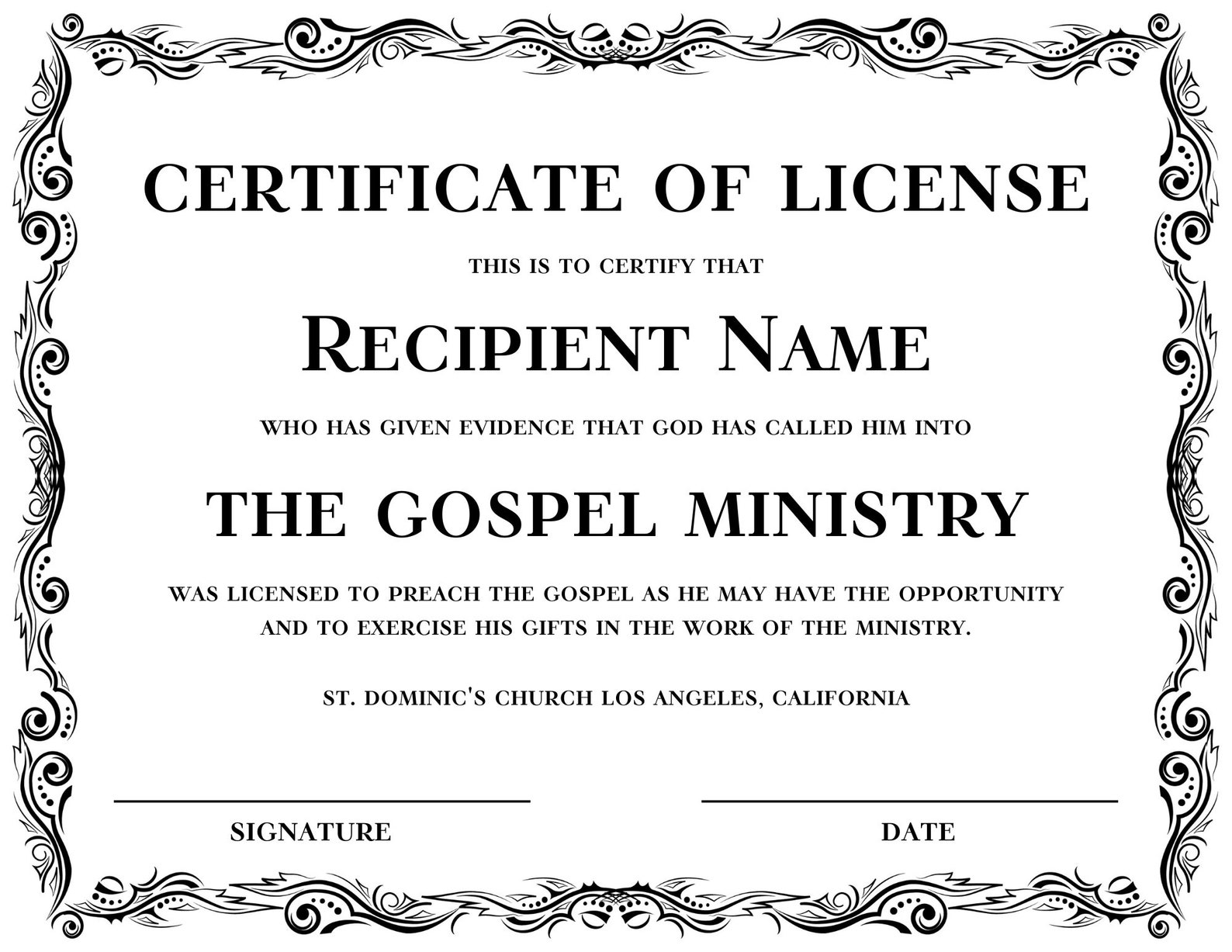 Certificate of License Template, Editable License to Preach Certificate ...