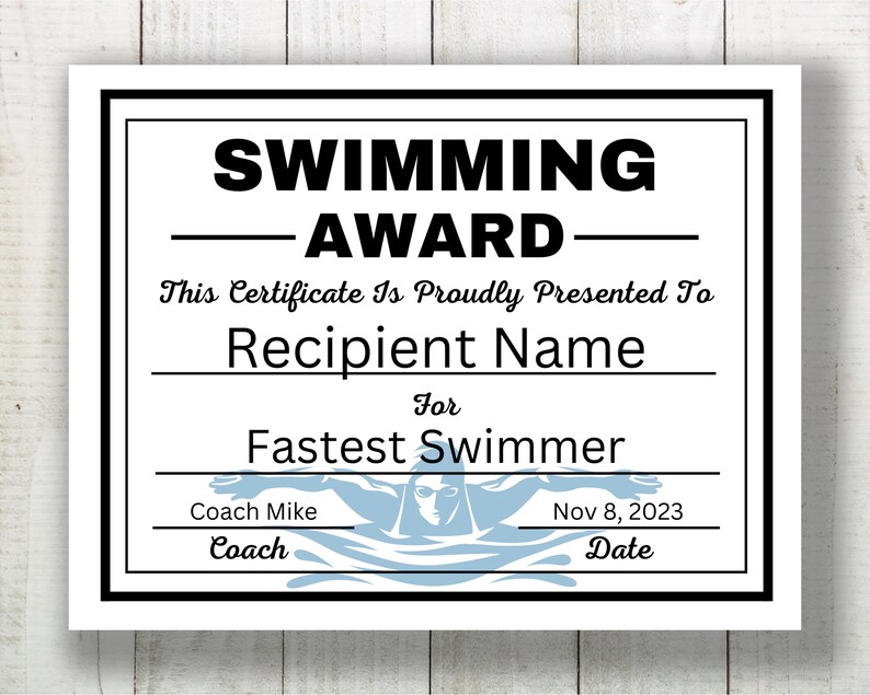 Editable Swimming Certificate Template Printable Swimming - Etsy