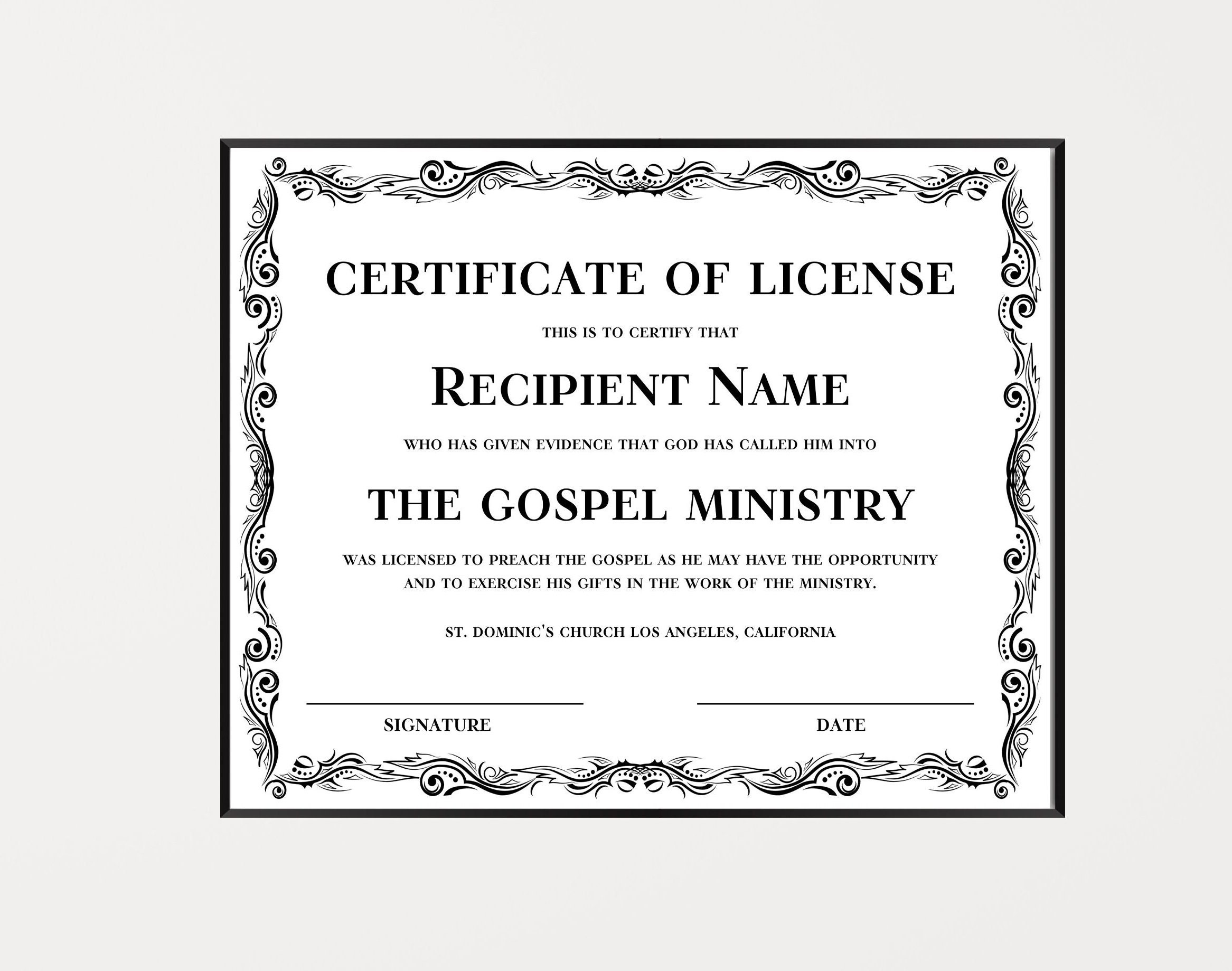Certificate of License Template, Editable License to Preach Certificate ...