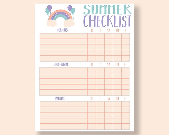Printable Summer Checklist for Kids Chart for Kids Summer - Etsy