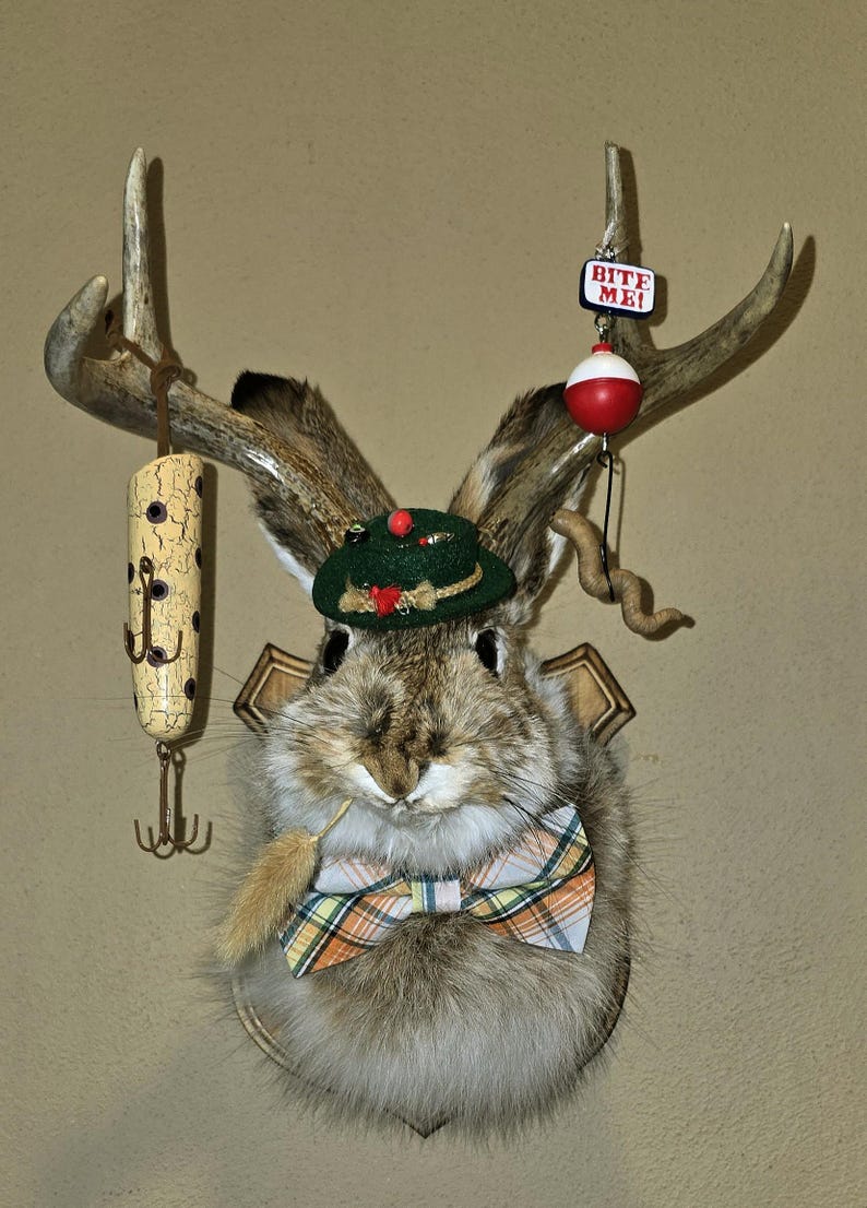 Taxidermied Jackalope Fisherman: Removable Hat, Bowtie & Lures - Etsy