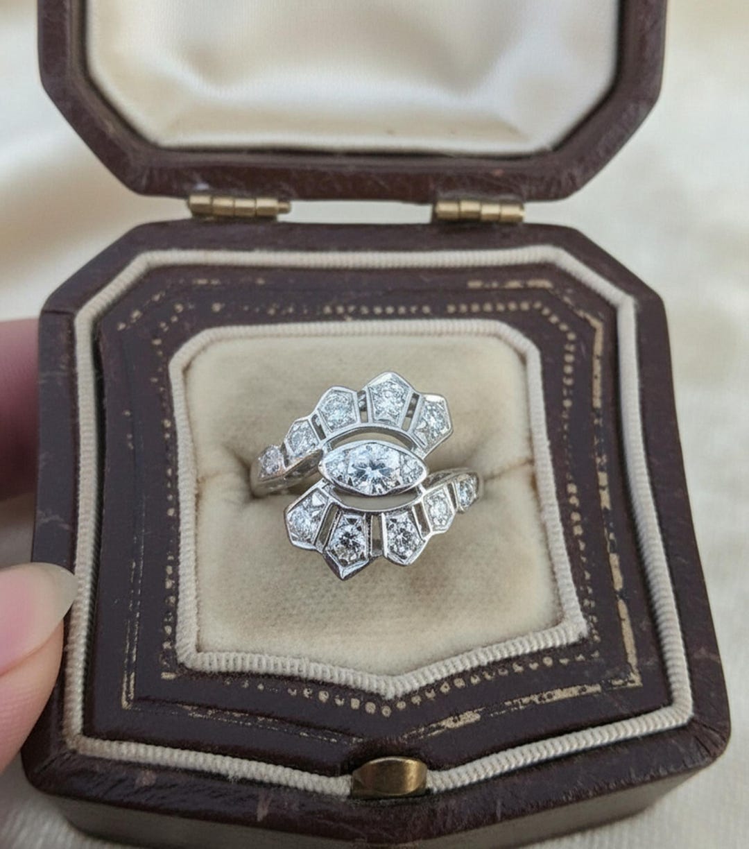 Antique Art Deco Bypass Ring, Round Moissanite Diamond Wedding Ring ...