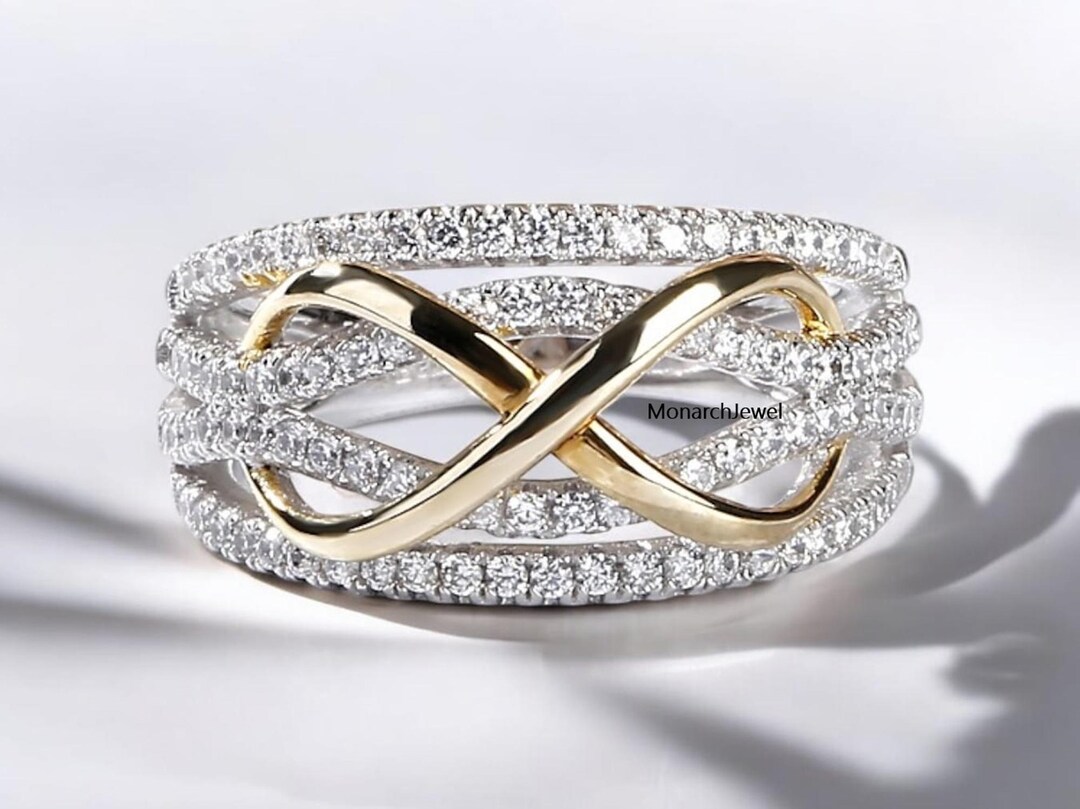 Two Tone Infinity Cross Ring for Her, Round Cut Moissanite Diamond ...