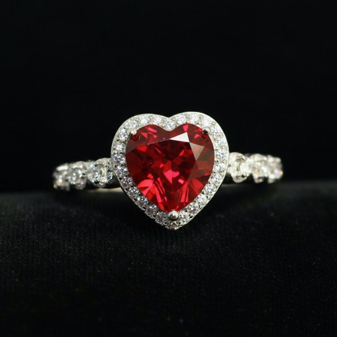 Lovable Red Ruby Heart Cut CZ Stone Proposal Ring, Halo Wedding Promise ...