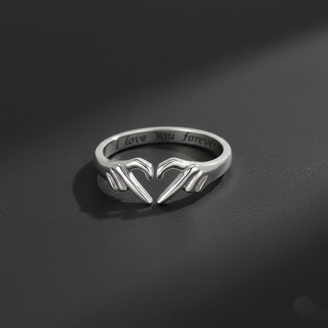 Hand Love Heart Sign Ring, Personalized Engraved Ring, Minimalist Heart ...